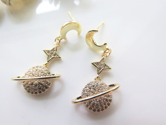 Planet Earrings Gold Stud Rhinestone Star Crescent Moon Celestial Earrings Gold Galaxy Women Etsy