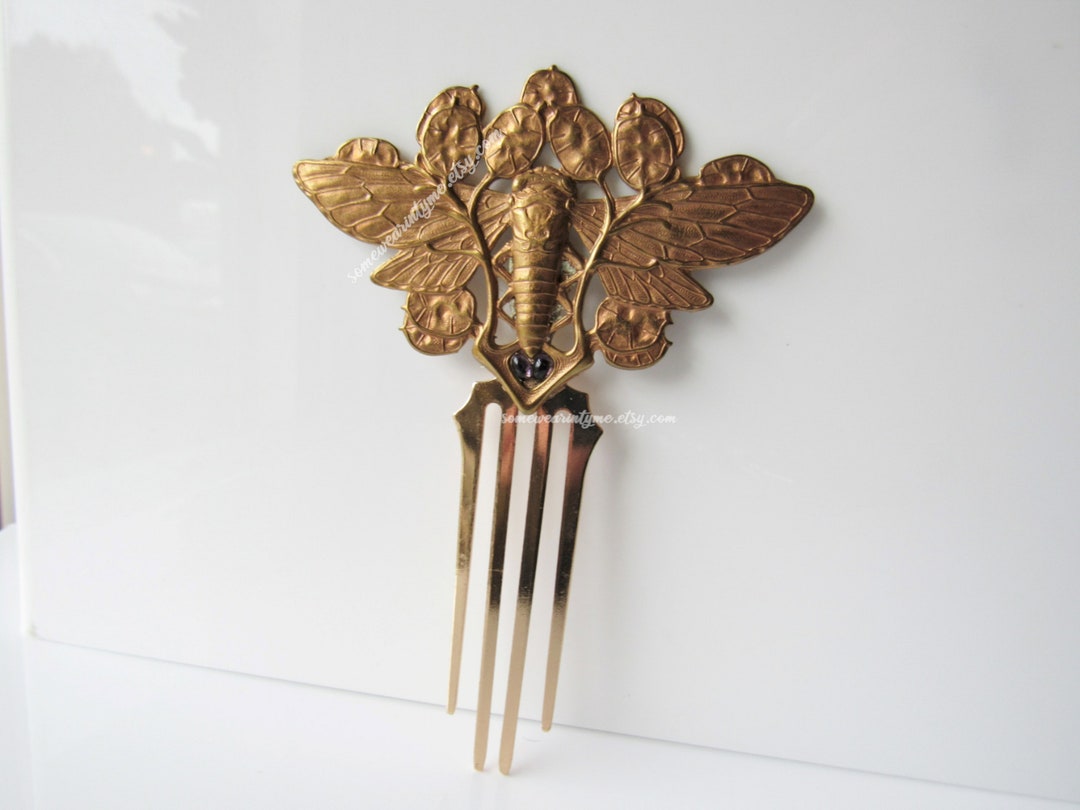 Art Nouveau Hair Comb Cicada Hair Piece , Vintage Brass, Moth Hair Comb ...
