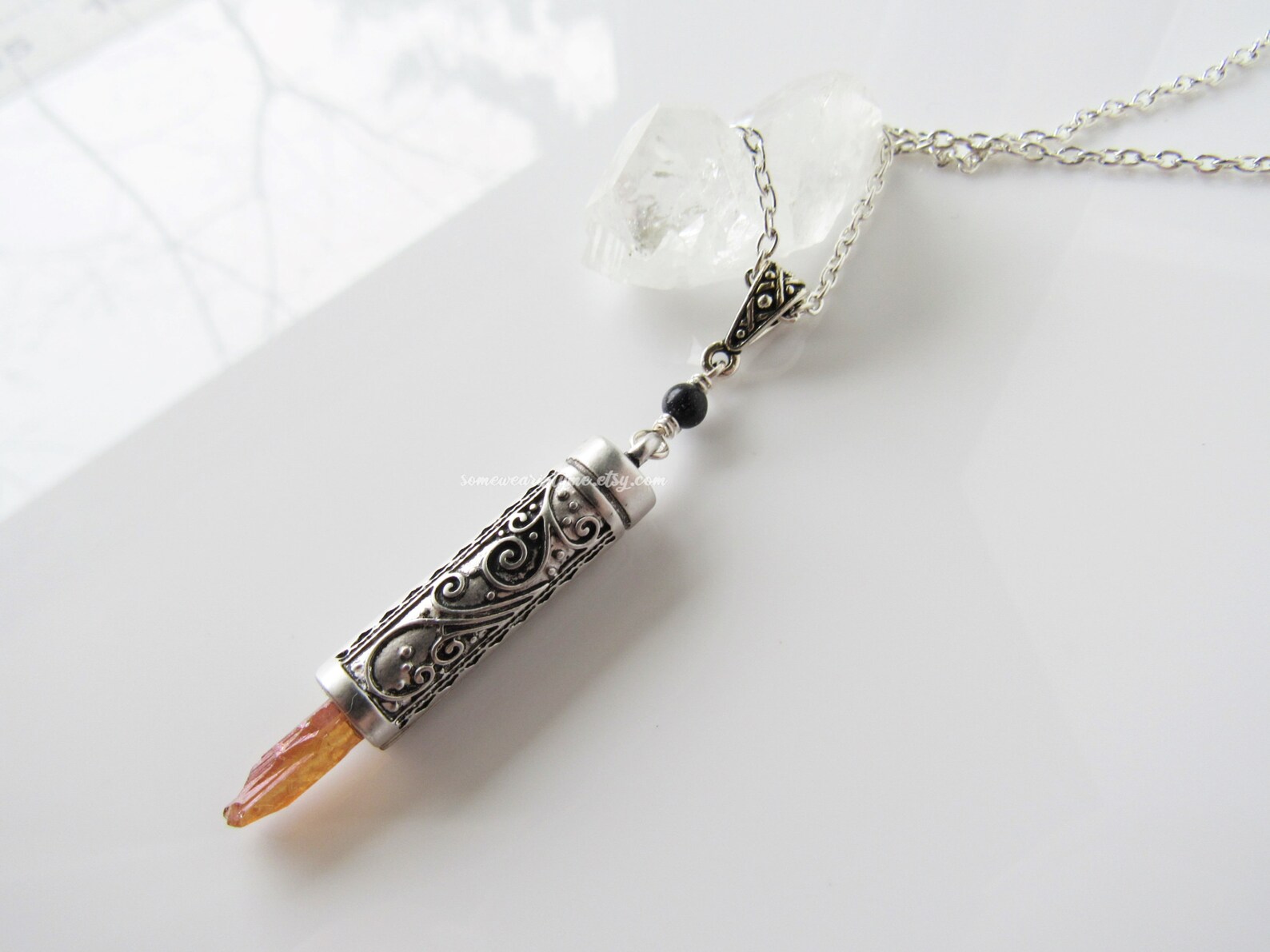 Crystal Point Necklace Silver Tube Pendant Scrolled - Etsy
