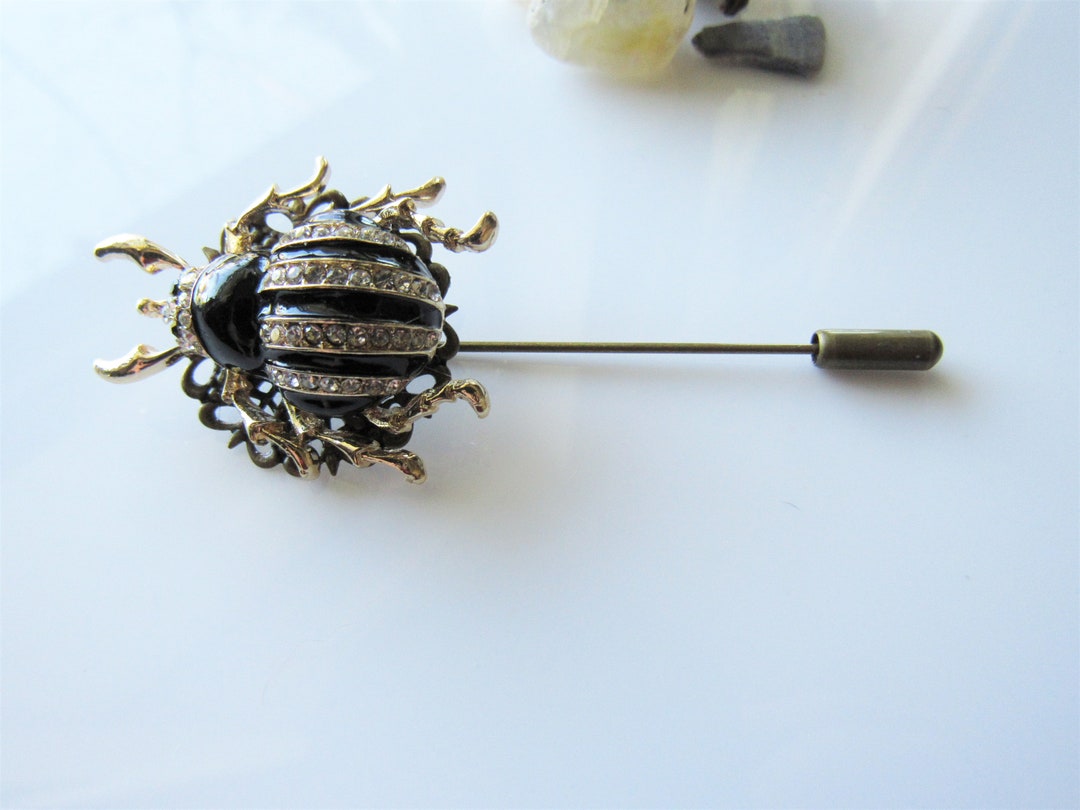 Rhinestone Lapel Pin - Beetle Insect, Stick Pin, Black and Gold, Pin ...