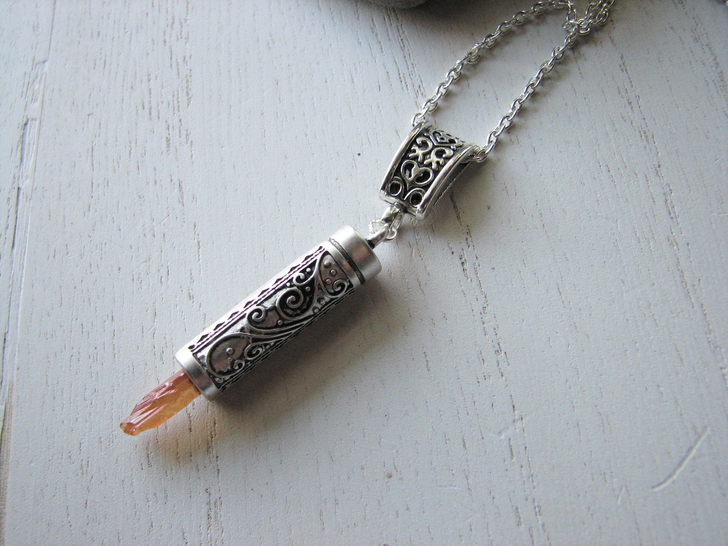 Crystal Point Necklace Silver Tube Pendant Scrolled | Etsy