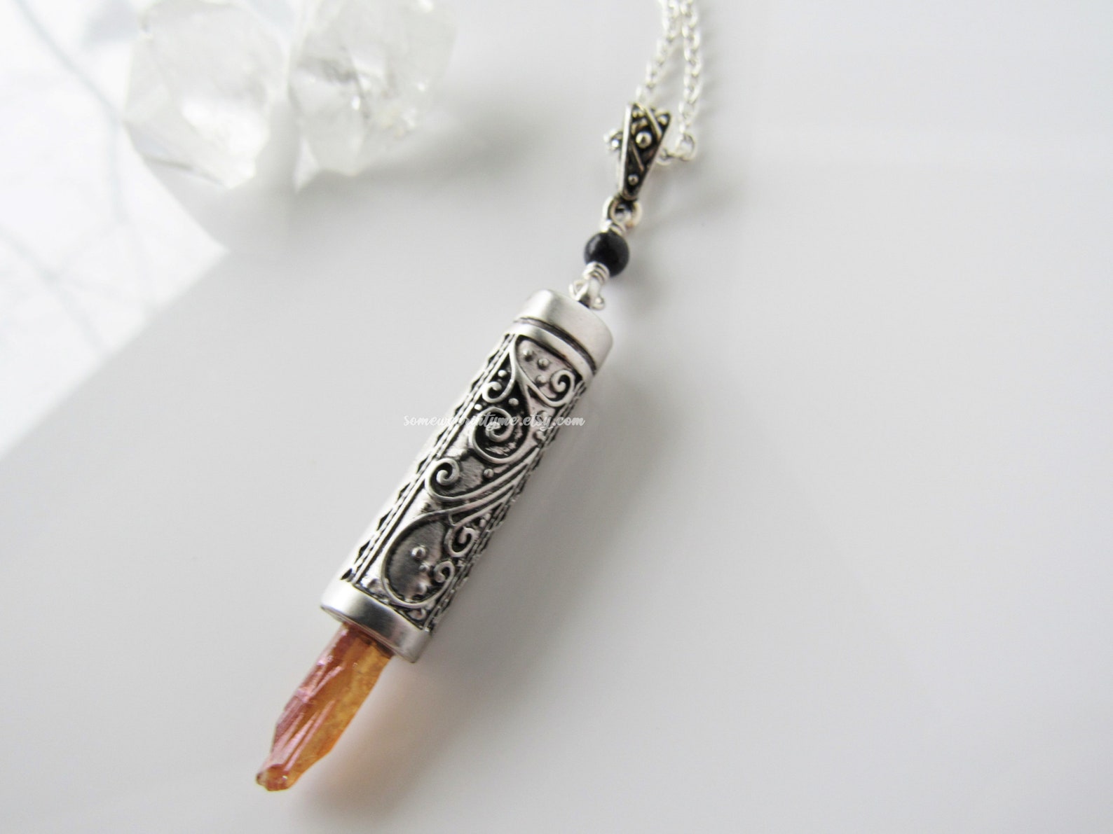 Crystal Point Necklace Silver Tube Pendant Scrolled - Etsy