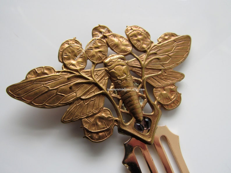 Art Nouveau Hair Comb - Cicada Hair Piece , Vintage Brass, Moth Hair ...