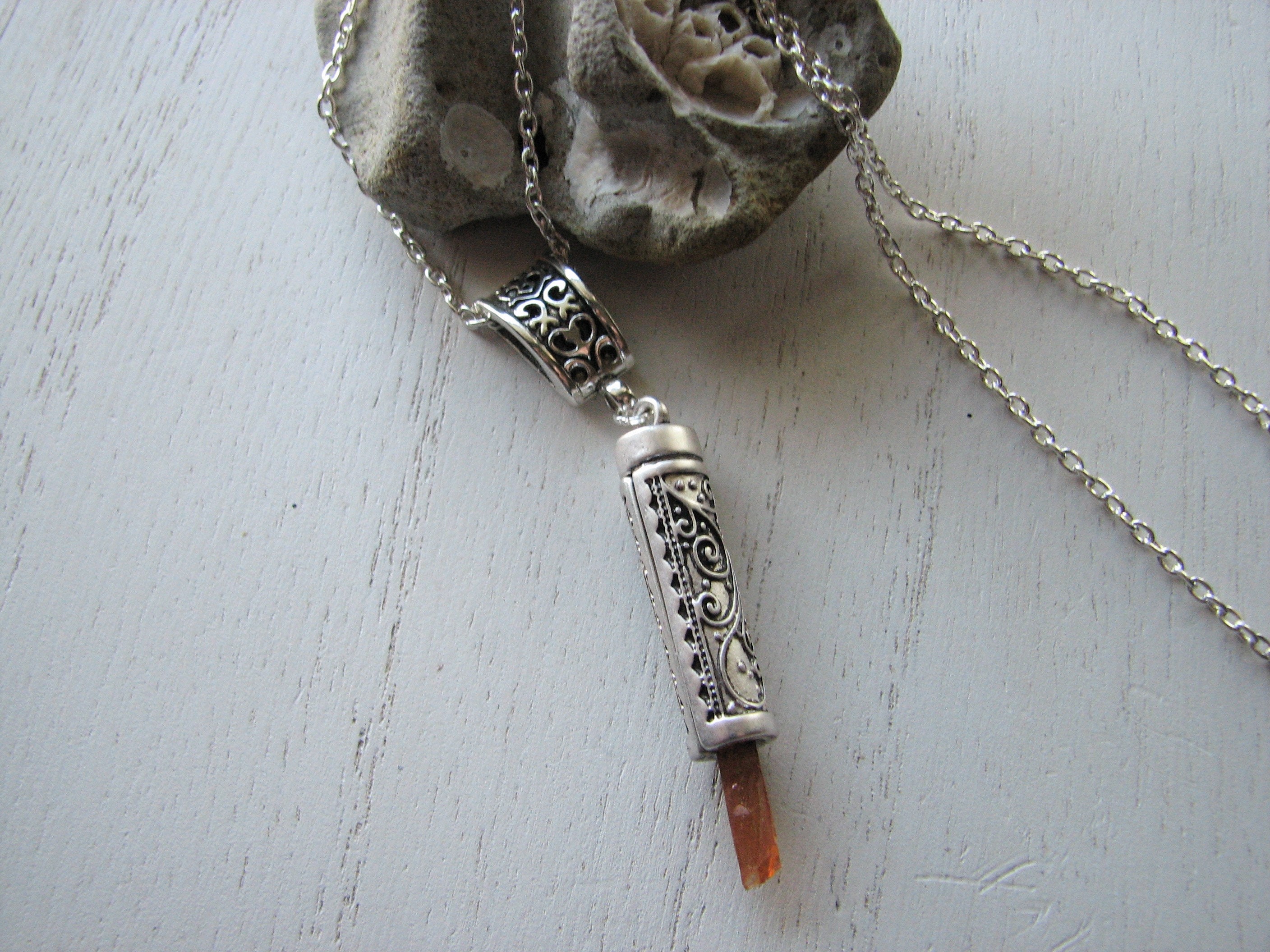 Crystal Point Necklace Silver Tube Pendant Scrolled | Etsy
