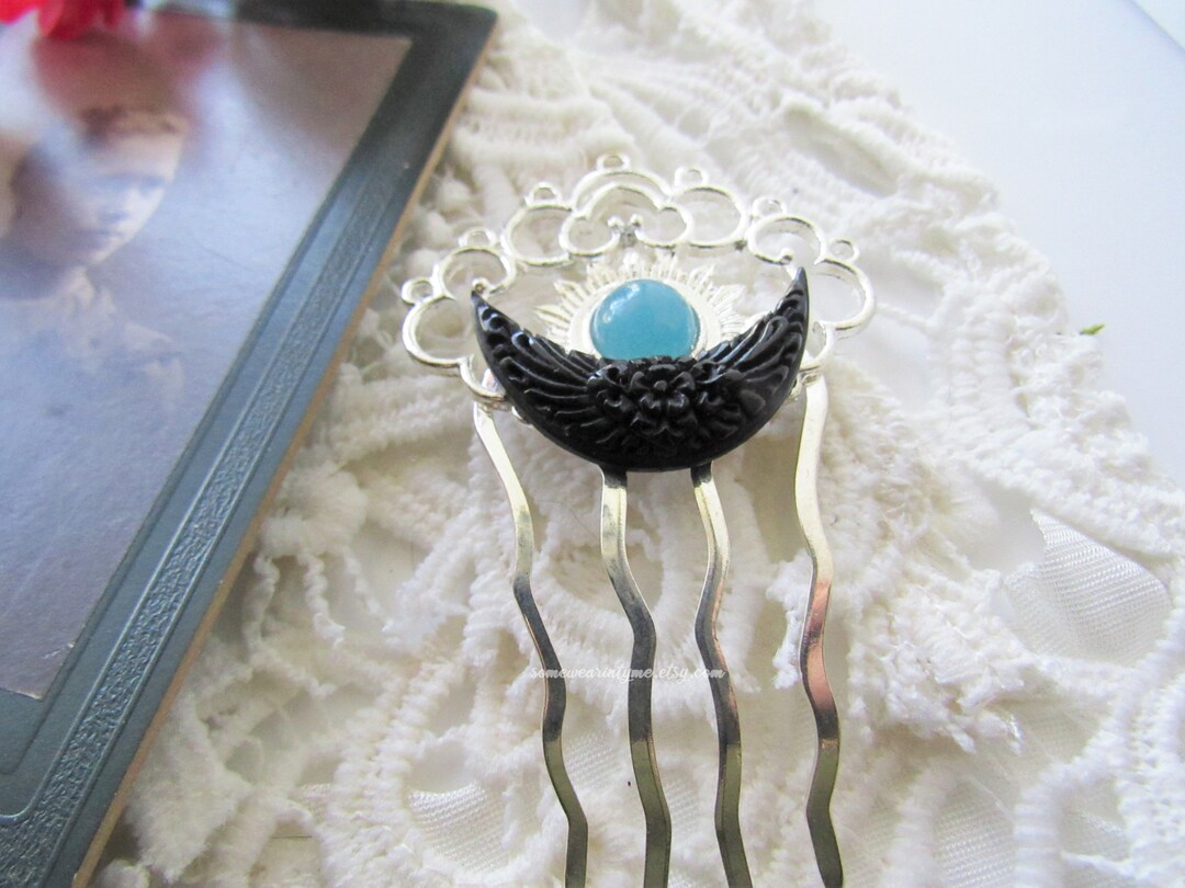 Peine de luna creciente piedra de cuarzo azul, luna negra, peine para ...