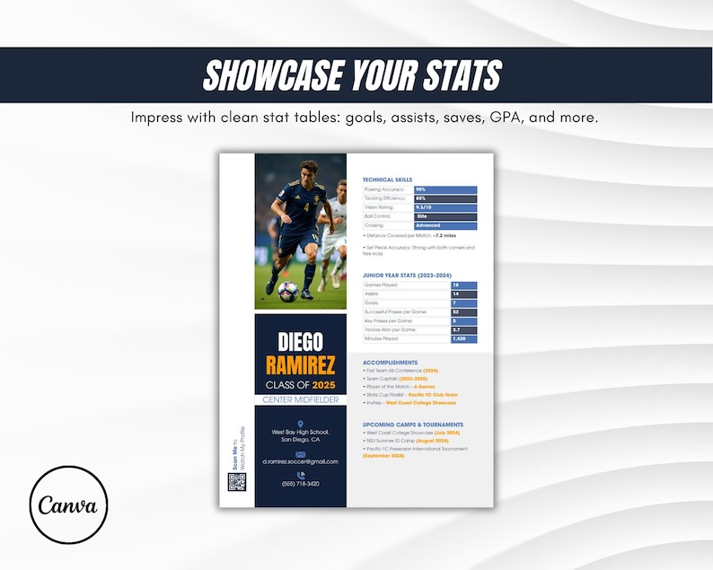 Boys Soccer Athlete Profile Template Editable in Canva 4-page College ...