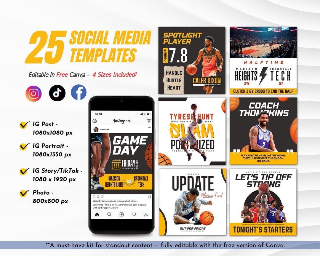 Basketball Social Media Template Bundle Editable in Canva Game Day ...