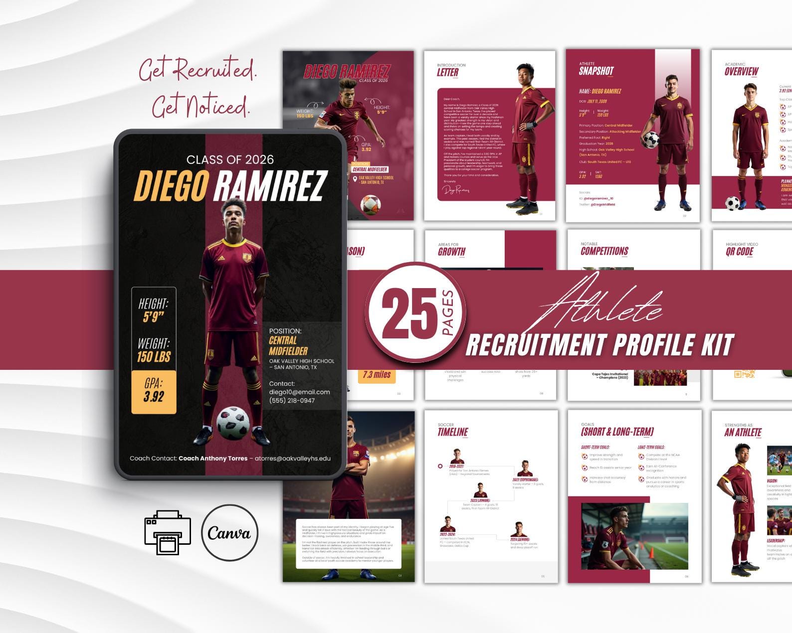 Soccer Recruitment Profile, College Soccer Resume Template, Editable ...
