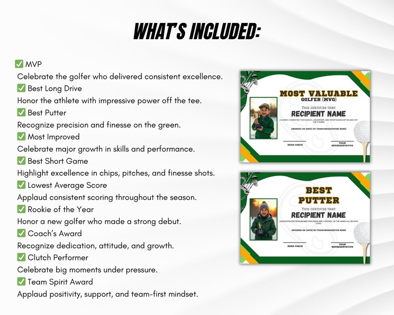 Editable Golf Certificates With Photo Holder – Set of 10 | Printable ...