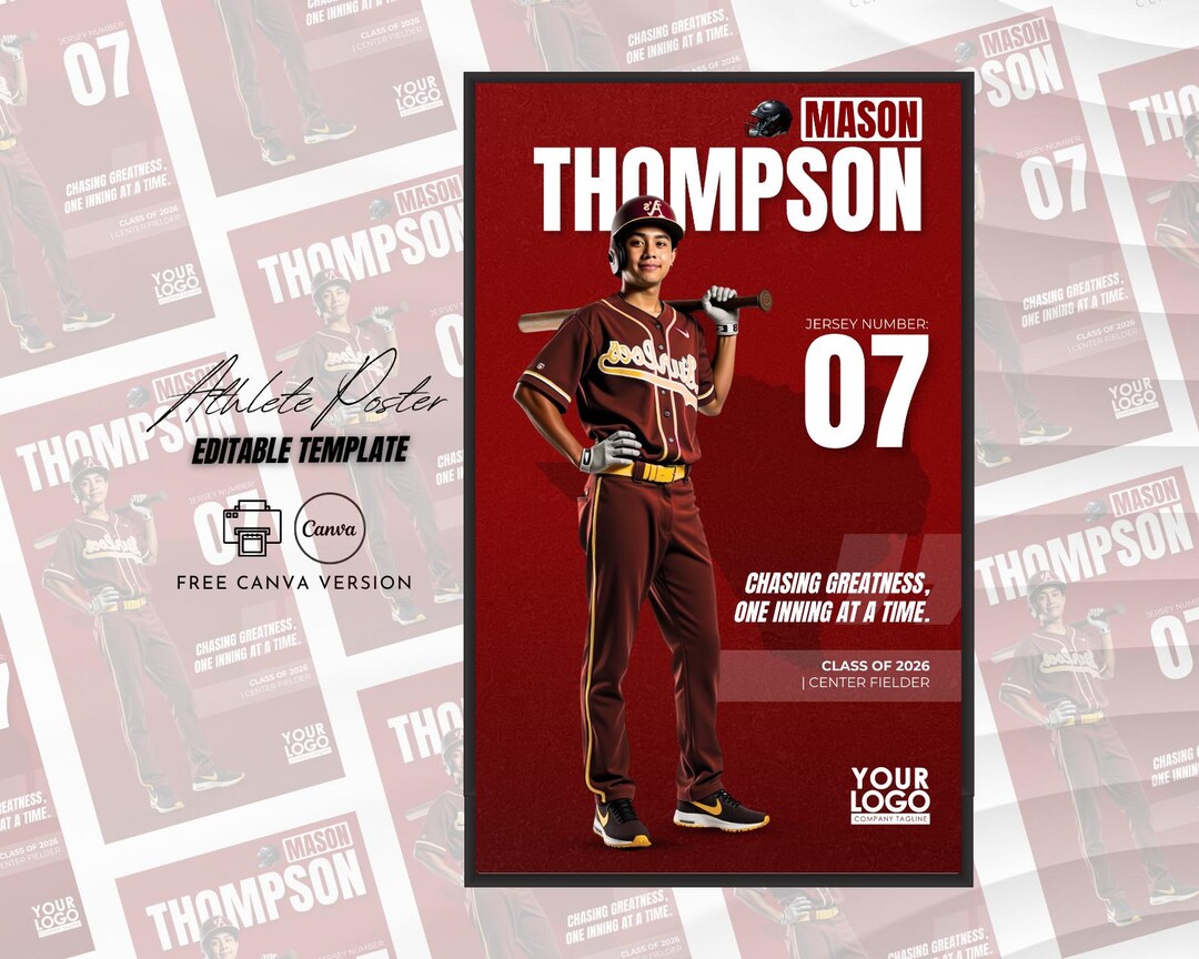 Baseball Sports Poster Template Editable in Canva Athlete Poster ...