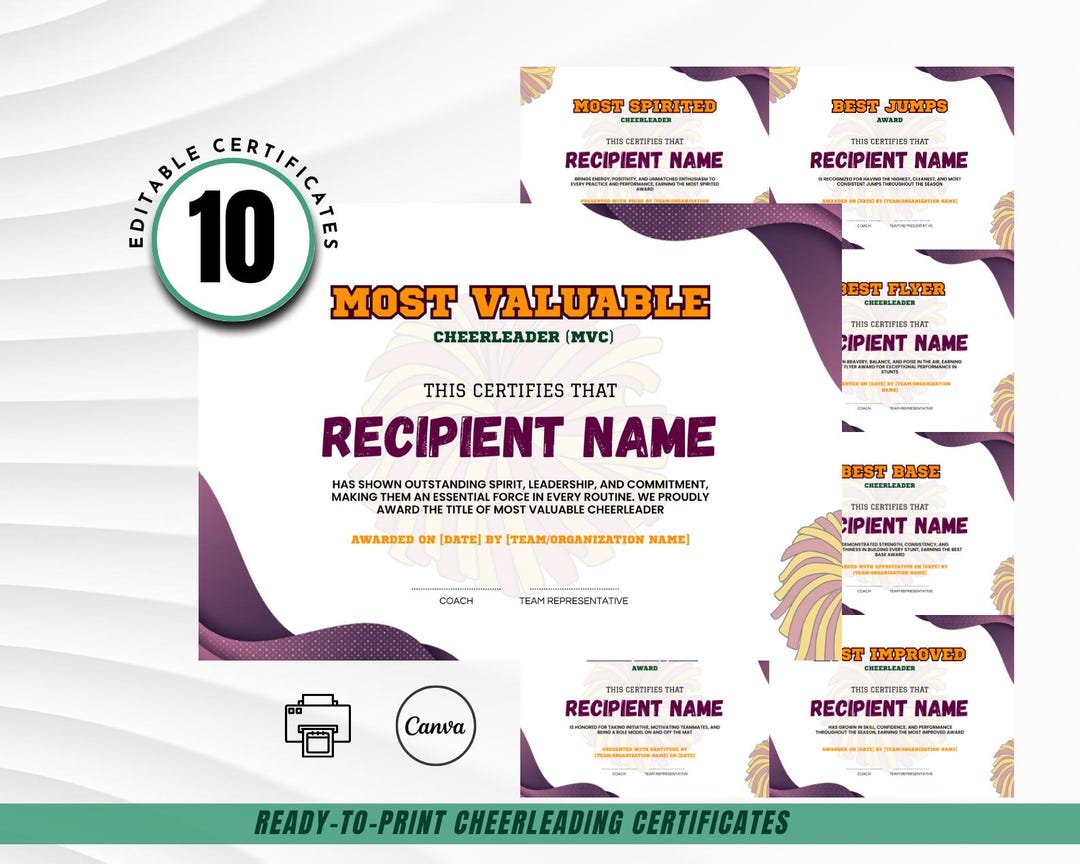 Editable Cheerleading Certificates– Set of 10 | Printable Sports Awards ...