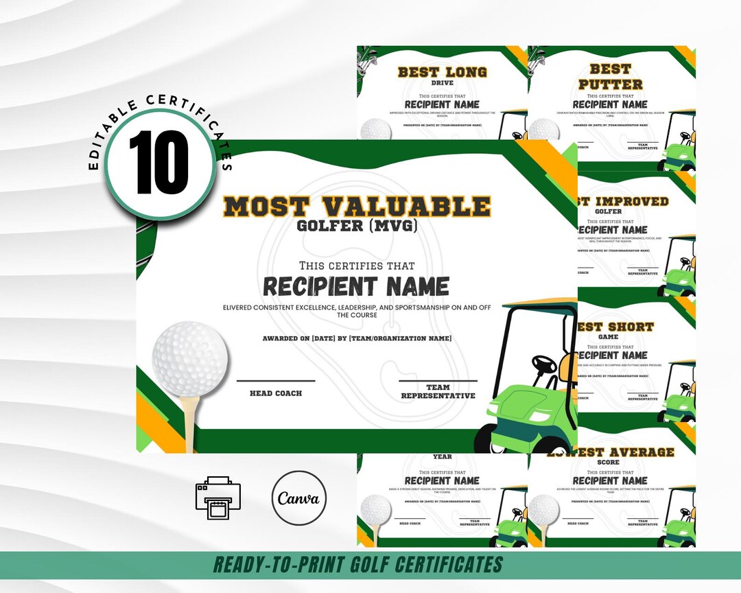 Editable Golf Certificates – Set of 10 | Printable Sports Awards for ...