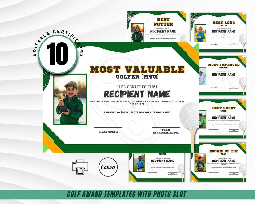 Editable Golf Certificates With Photo Holder – Set of 10 | Printable ...