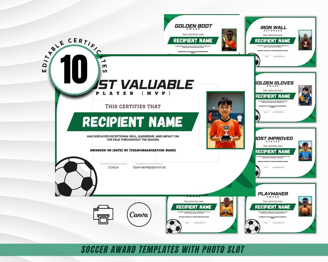Editable Soccer Certificates With Photo Holder – Set of 10 | Printable ...