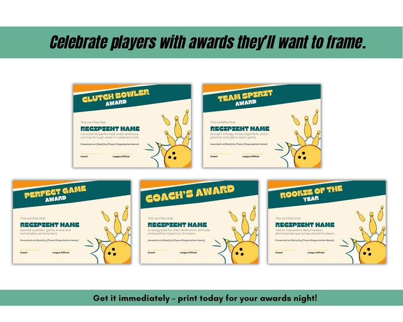 Editable Bowling Certificates – Set of 10 | Printable Sports Awards for ...