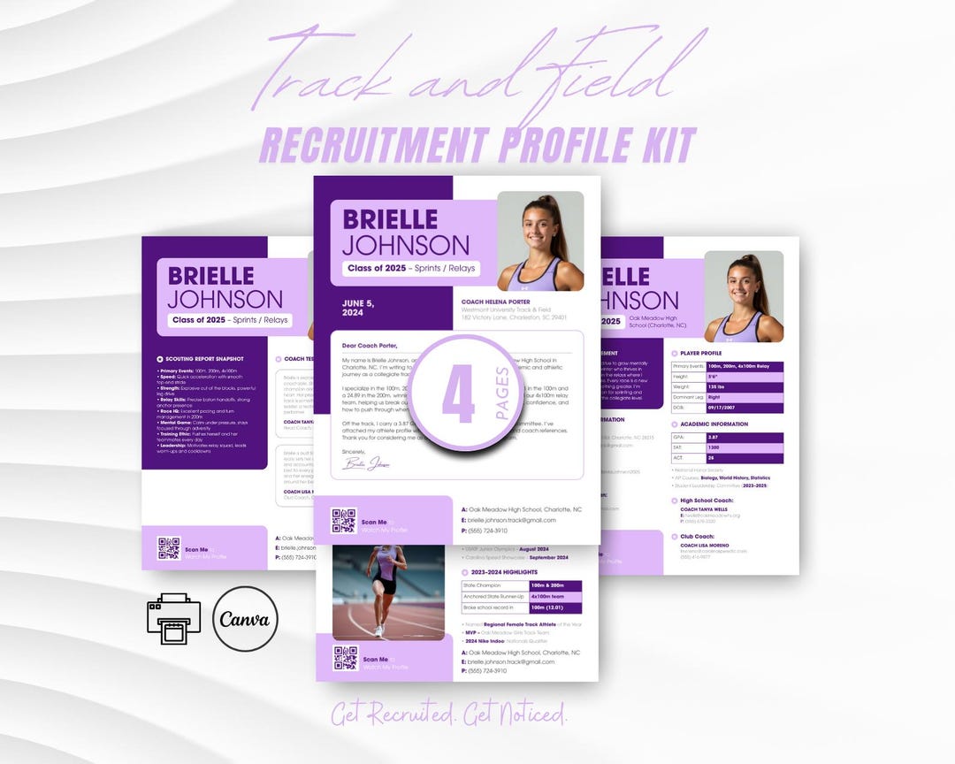 Girls Track and Field Athlete Profile Template Editable in Canva 4-page ...