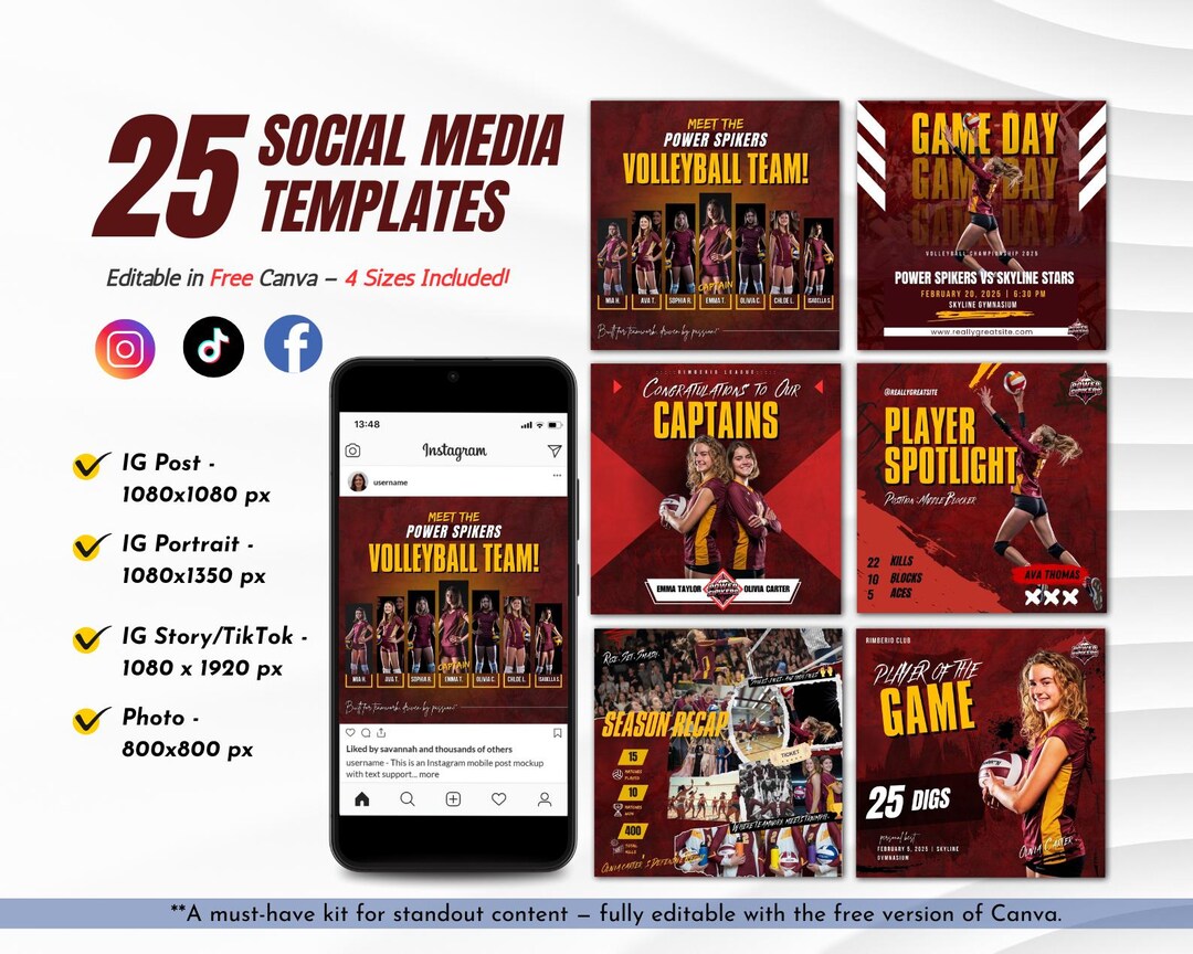 Volleyball Social Media Template Bundle Editable in Canva Game Day ...