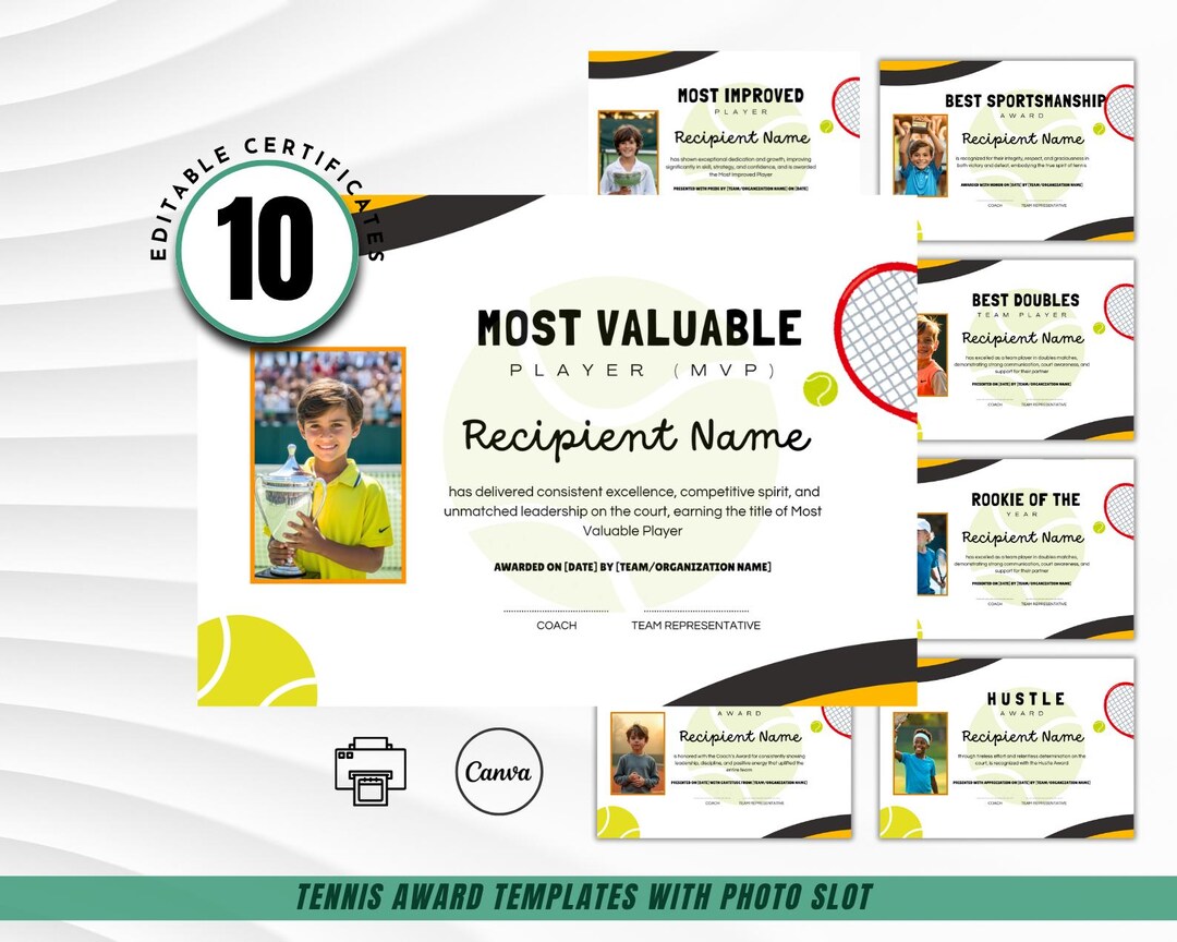 Editable Tennis Certificates With Photo Holder – Set of 10 | Printable ...