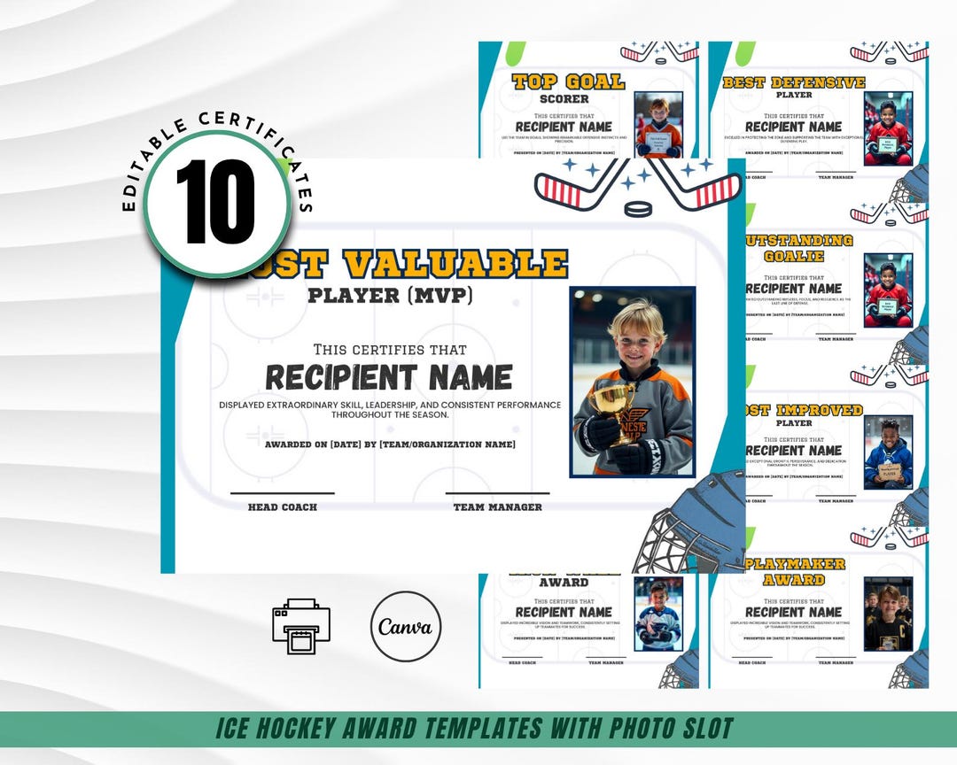Editable Ice Hockey Certificates With Photo Holder – Set of 10 ...