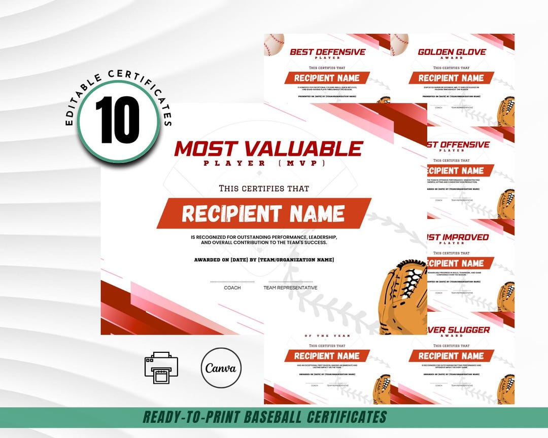 Editable Baseball Certificates – Set of 10 | Printable Sports Awards ...