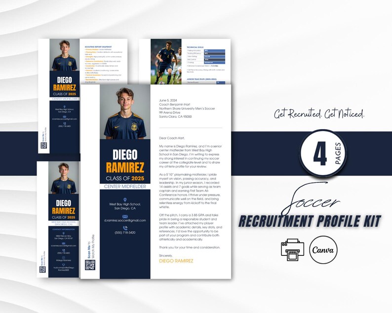 Boys Soccer Athlete Profile Template Editable in Canva 4-page College ...