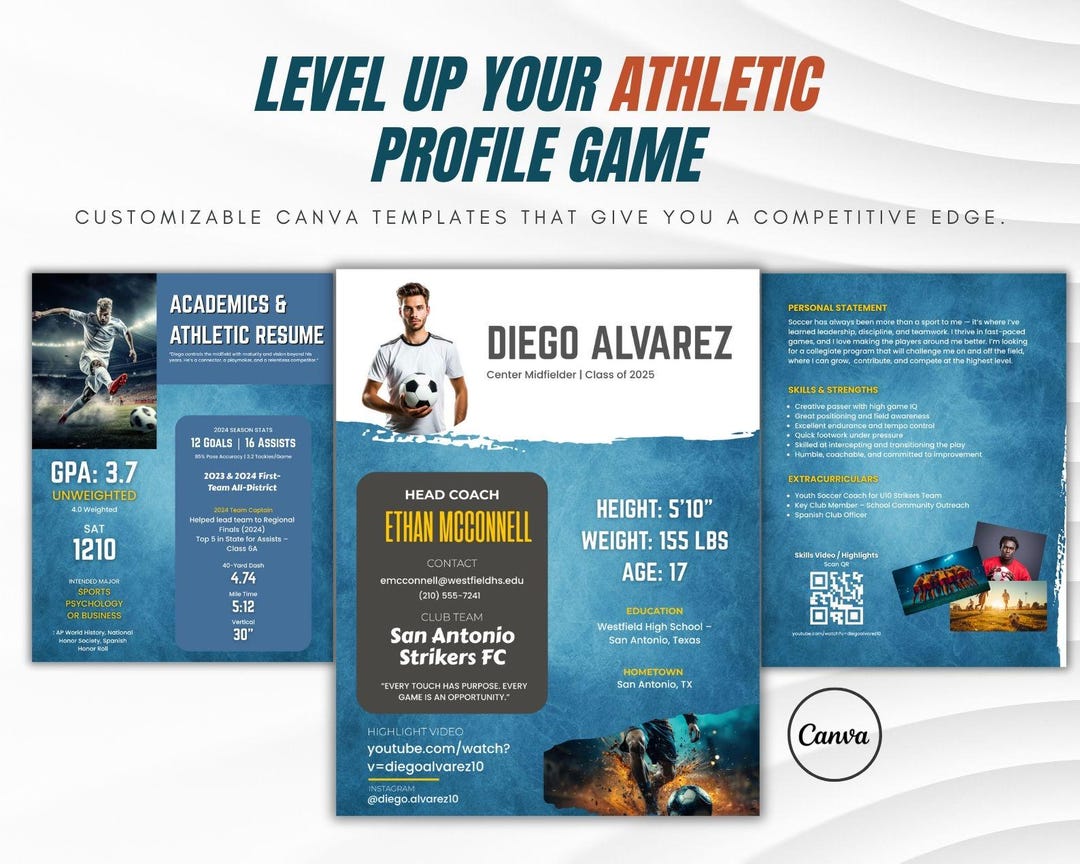 Soccer Athlete Profile Template Editable in Canva 3 Page College ...