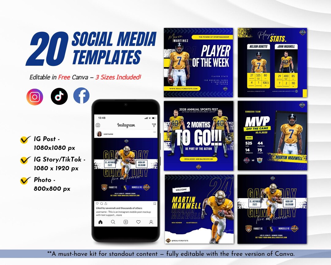 20 Boys' American Football Social Media Templates | Game Day, Player ...