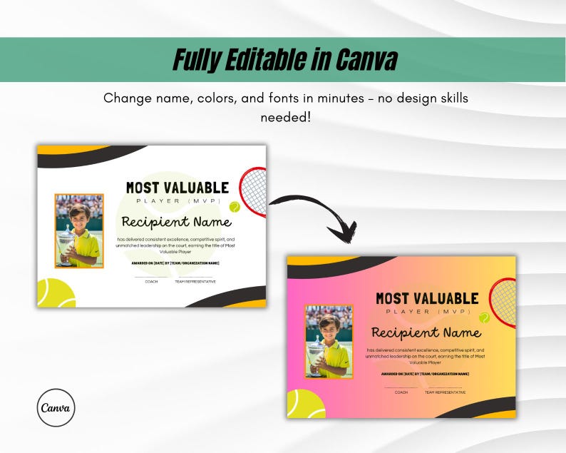 Editable Tennis Certificates With Photo Holder – Set of 10 | Printable ...