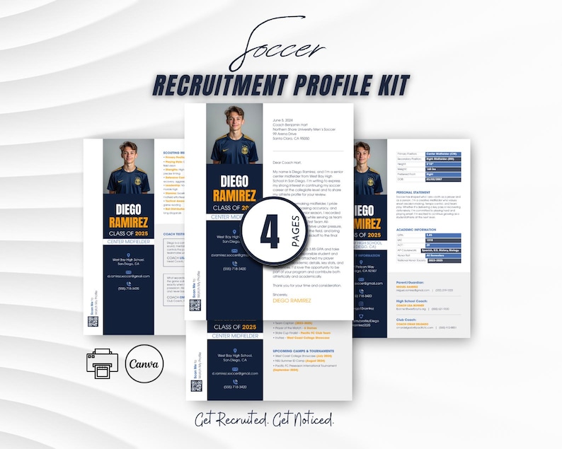 Boys Soccer Athlete Profile Template Editable in Canva 4-page College ...