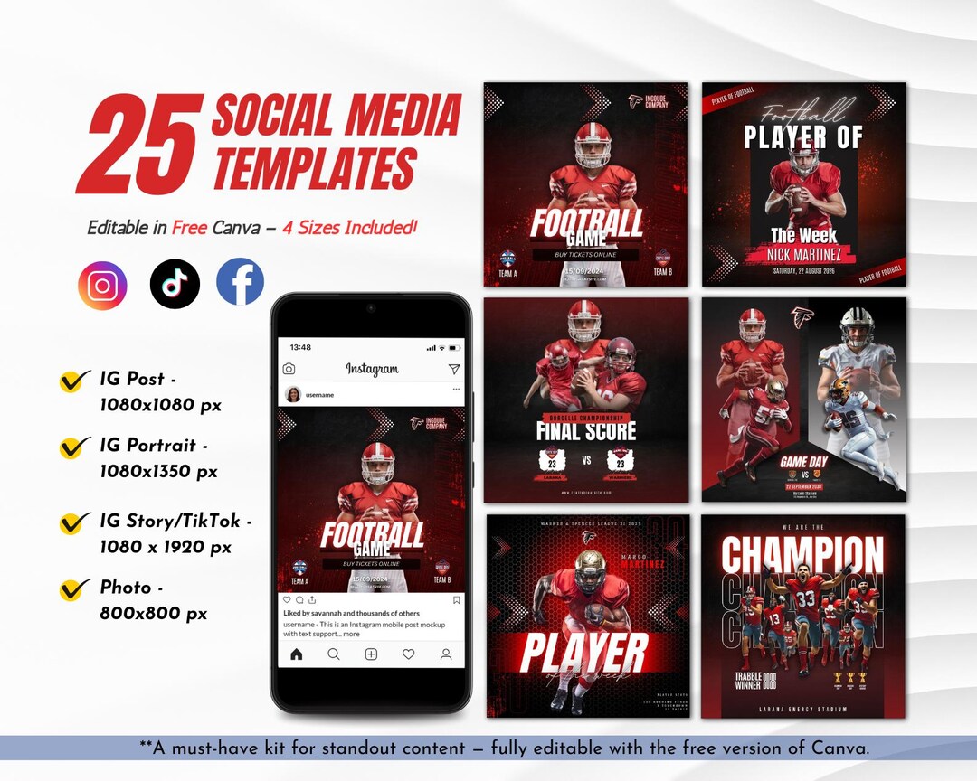 Football Social Media Template Bundle Editable in Canva Game Day Posts ...