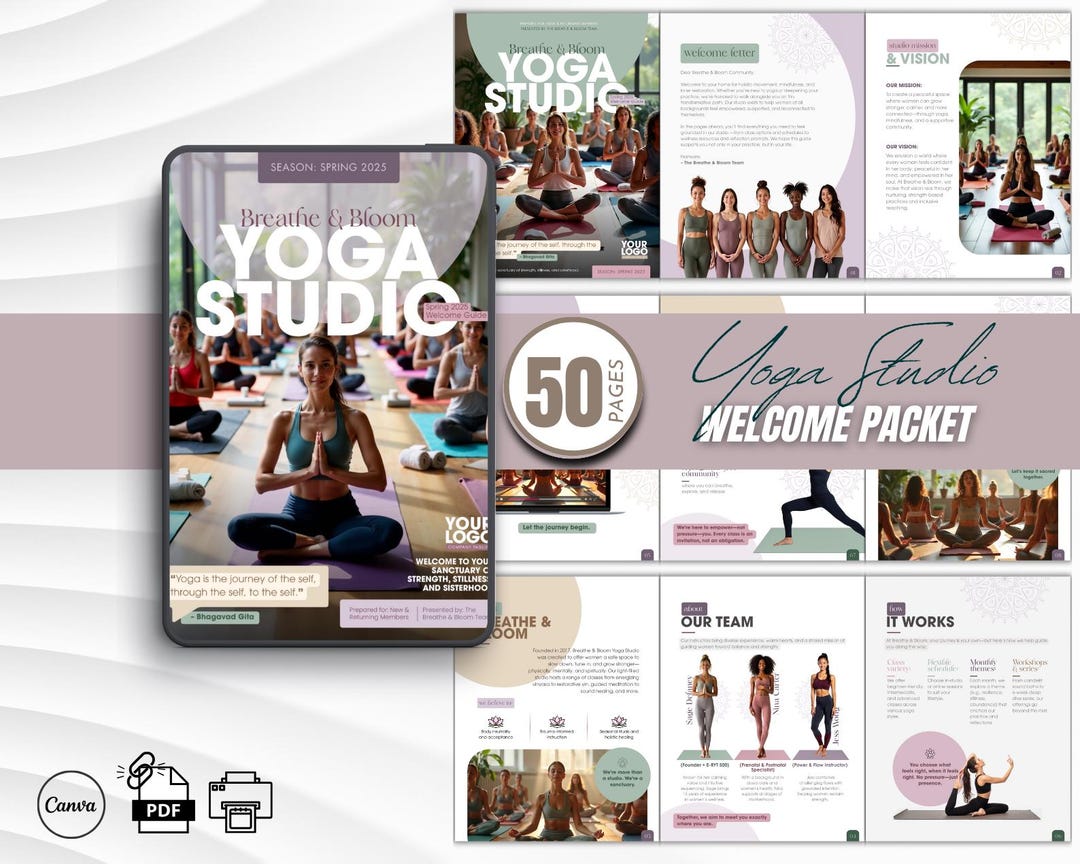 Womens Yoga Studio Welcome Packet Editable in Canva 50 Page Guide ...