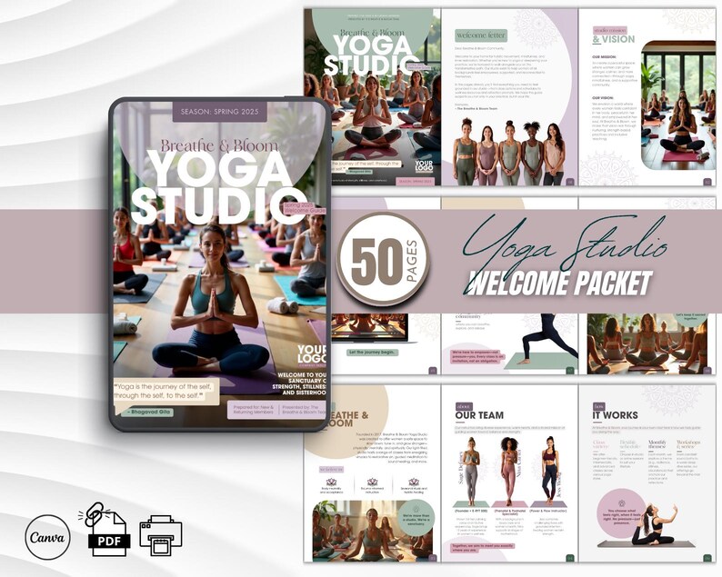 Womens Yoga Studio Welcome Packet Editable in Canva 50 Page Guide ...