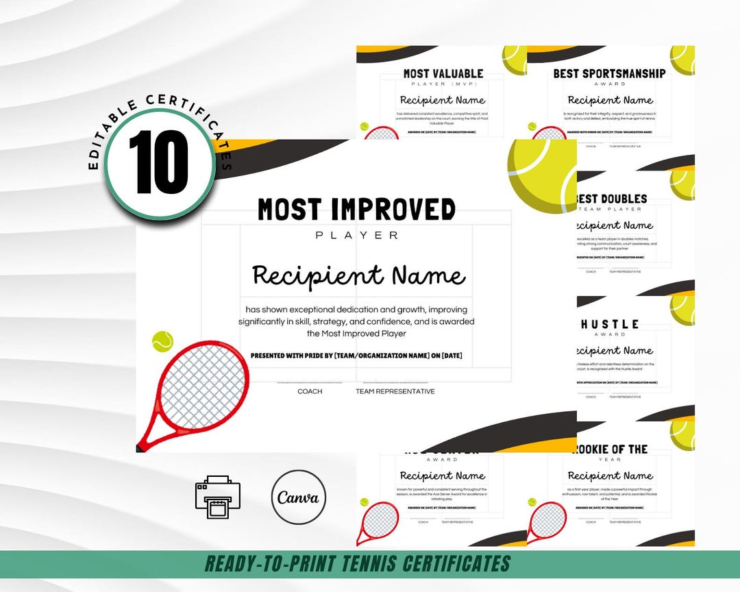 Editable Tennis Certificates – Set of 10 | Printable Sports Awards for ...