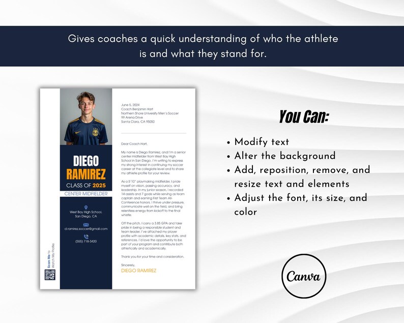 Boys Soccer Athlete Profile Template Editable in Canva 4-page College ...
