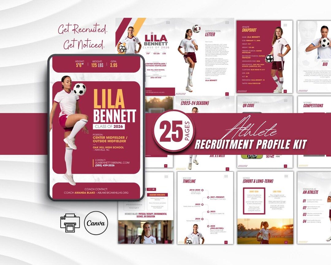 Soccer Athlete Recruitment Profile Template Editable in Canva College ...