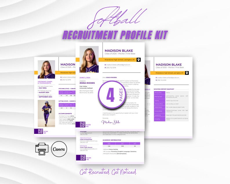 Girls Softball Athlete Profile Template Editable in Canva College ...