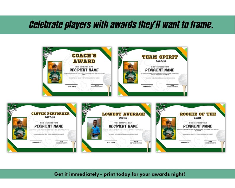 Editable Golf Certificates With Photo Holder – Set of 10 | Printable ...