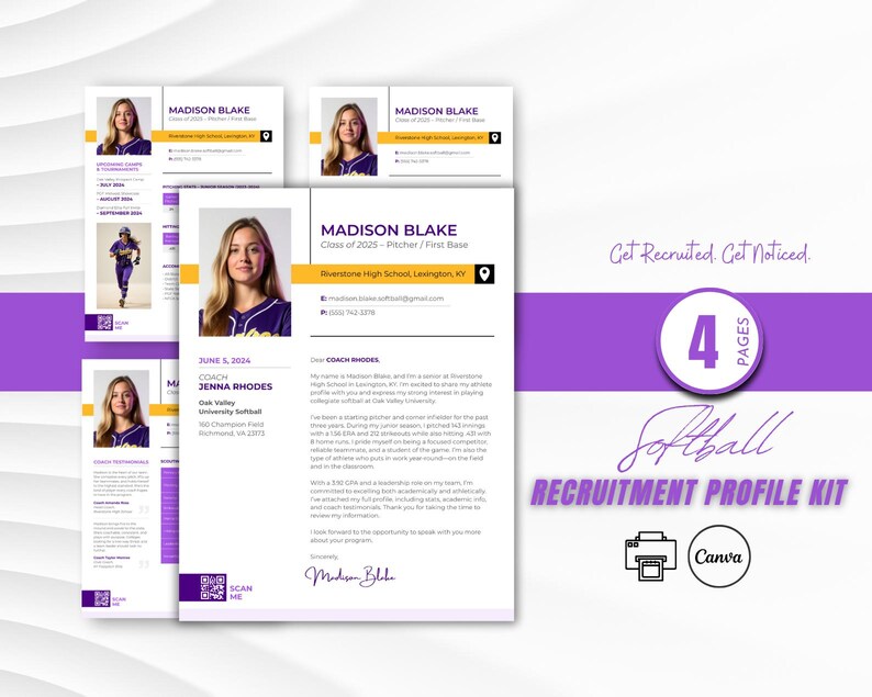 Girls Softball Athlete Profile Template Editable in Canva 4-page ...