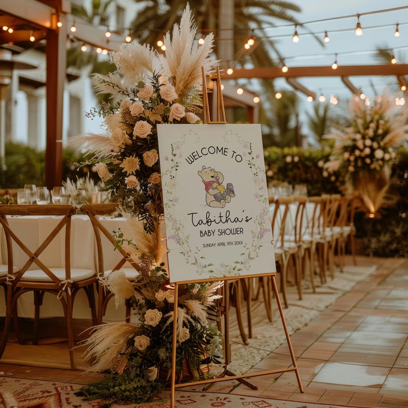 Winnie the Pooh Baby Shower Welcome Sign: Editable Hundred Acre Wood ...