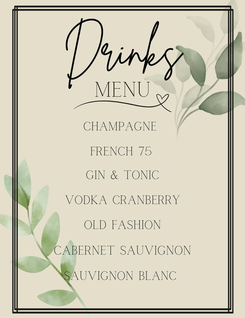 Wedding Drink Menu Template - Etsy