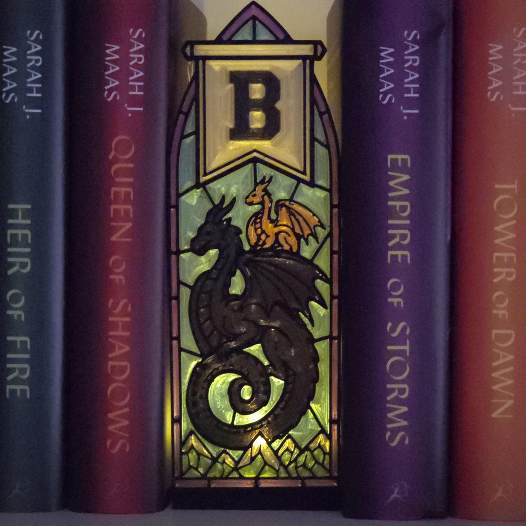 Black & Golden Dragons Book Nook, Fantasy Stained Glass LED Decor Gift ...