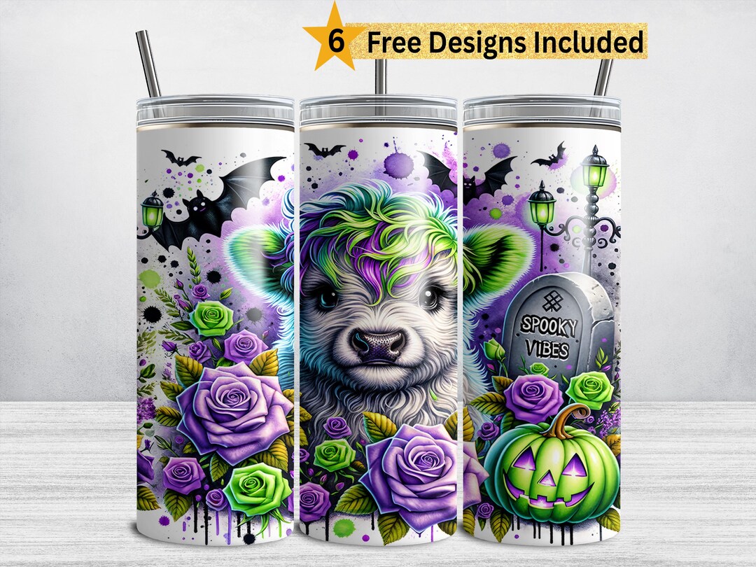 Cute Ghoul Halloween Highland Cow Tumbler Wrap, Spooky 20oz Skinny ...