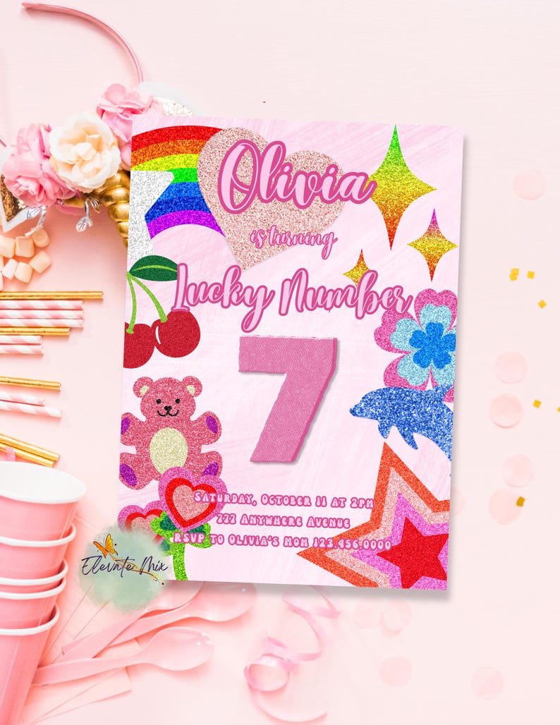 Lucky Number 7 - Sparkly 7th Birthday Editable Invitation Template - Etsy