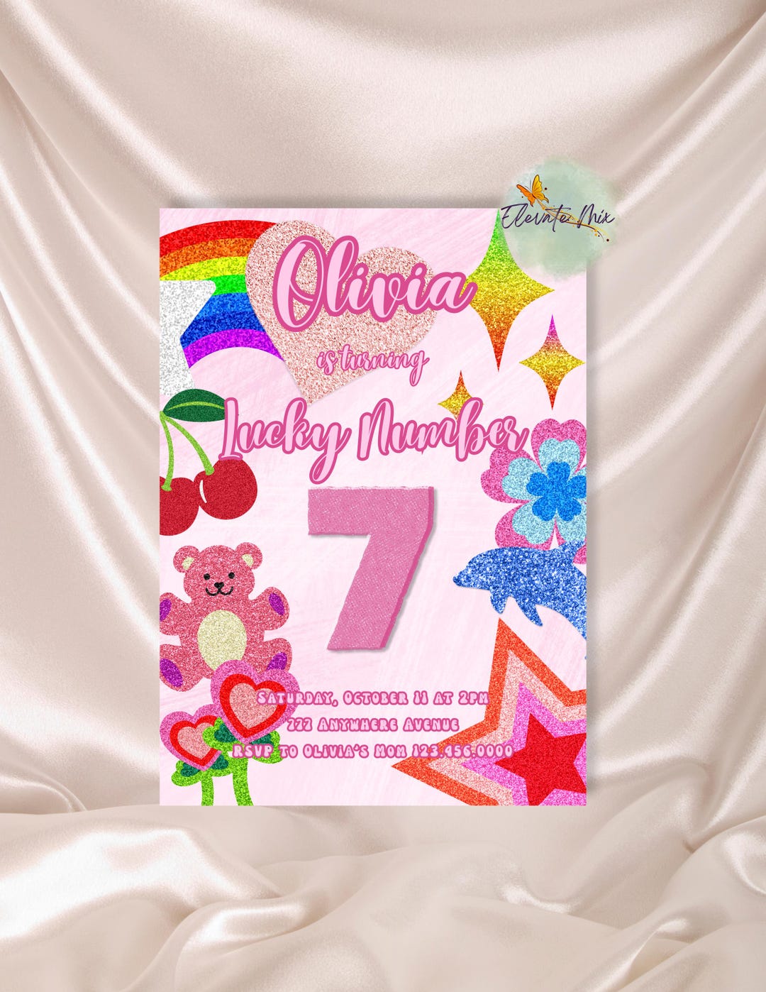 Lucky Number 7 - Sparkly 7th Birthday Editable Invitation Template - Etsy