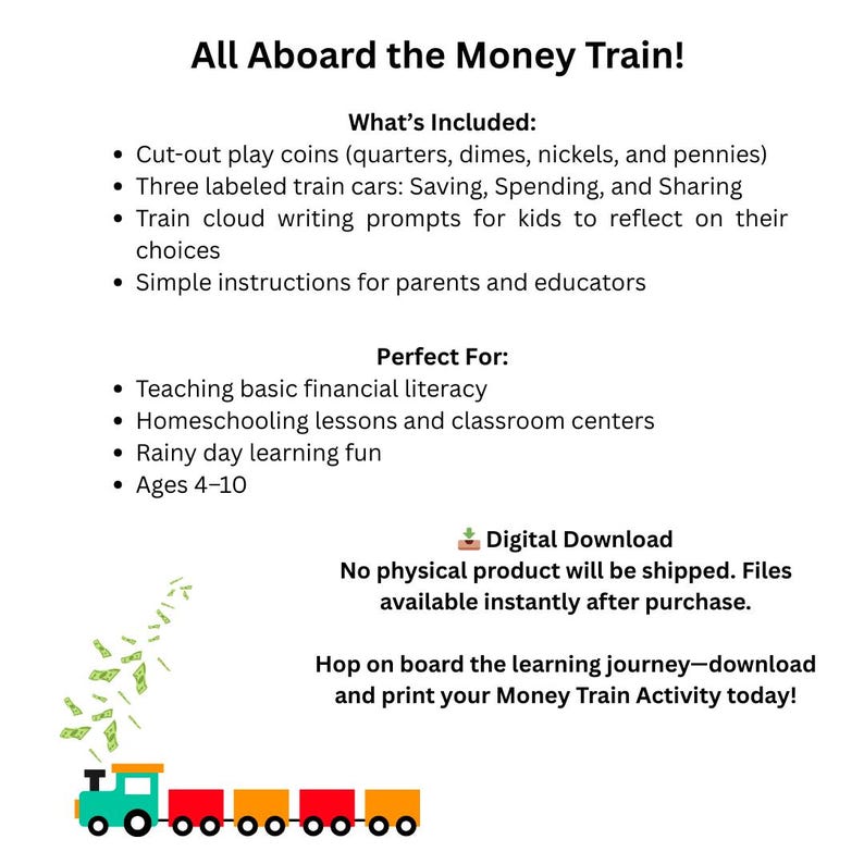 Money Train Printable Activity for Kids – Save, Spend, Share Coin ...