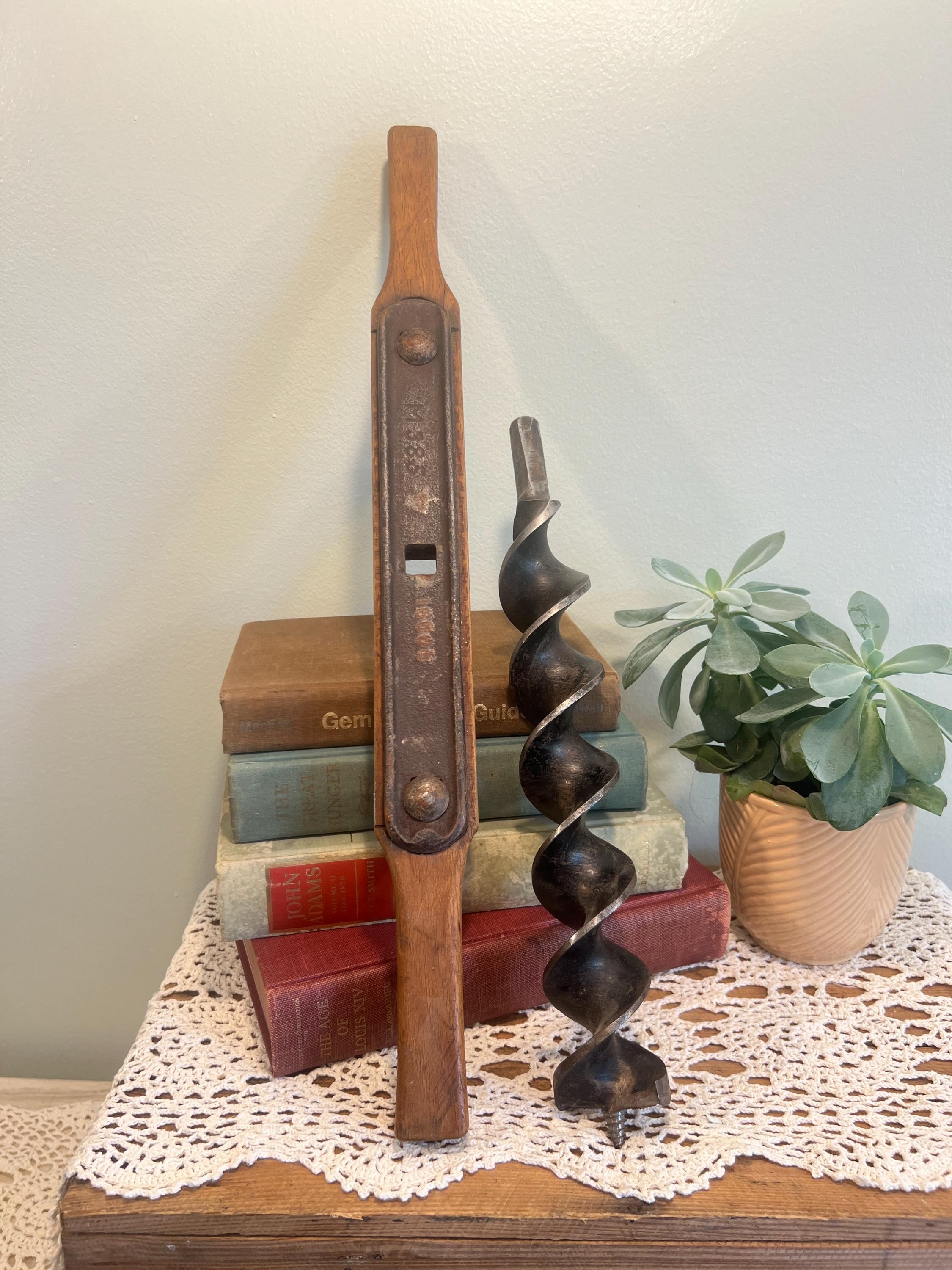 Vintage Barn Auger Drill Handheld Wood Cast Iron Tool Primitive ...