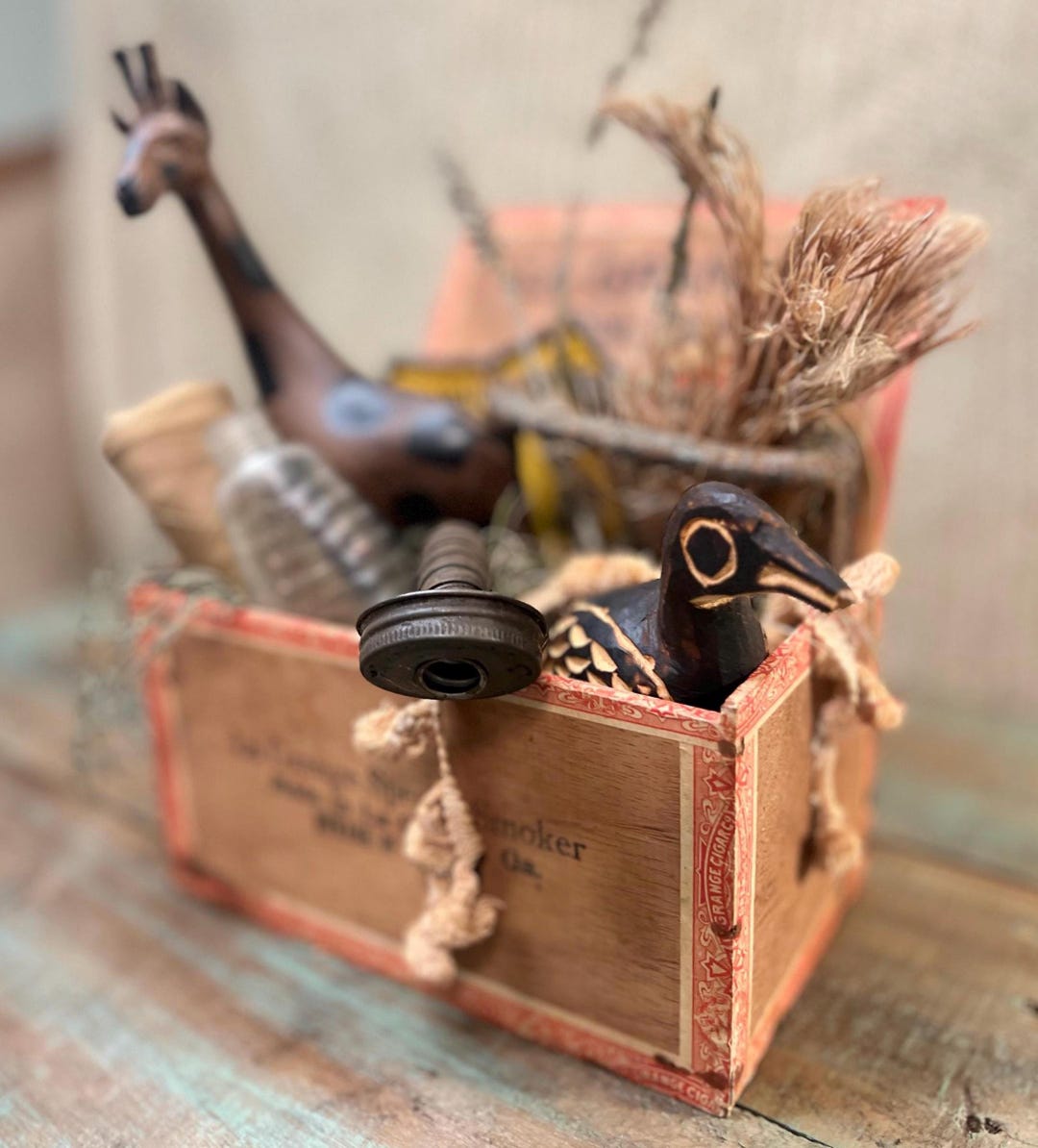 Vintage Vignette #23 (antique, Cigar Box, Wood, Animals, Vintage Bottle ...