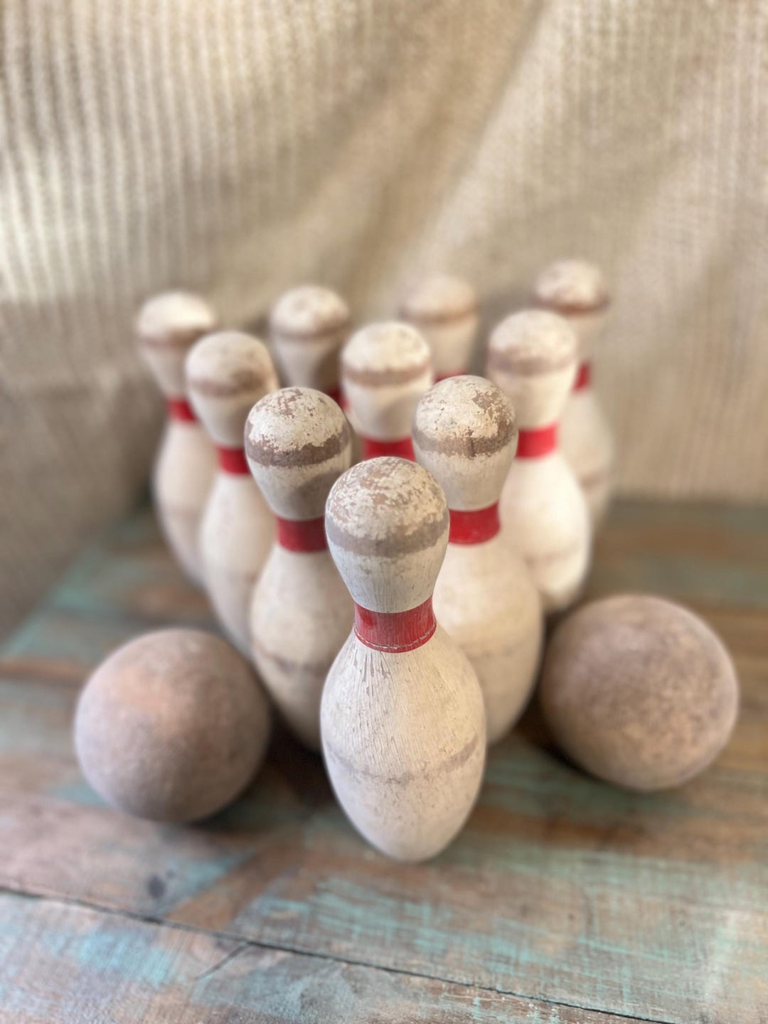 Antique Wooden Bowling Pins Complete Set and Bowling Balls Man Cave ...