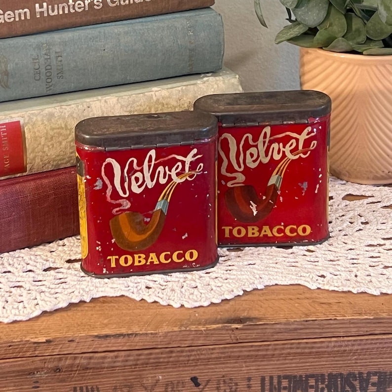 2 Vintage Velvet Tobacco Cans 1910 Retro Country Cottage Farmhouse ...