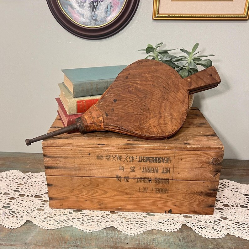 Antique Fire Bellow Wood & Leather Primitive Air Blowing Tool Farmhouse ...